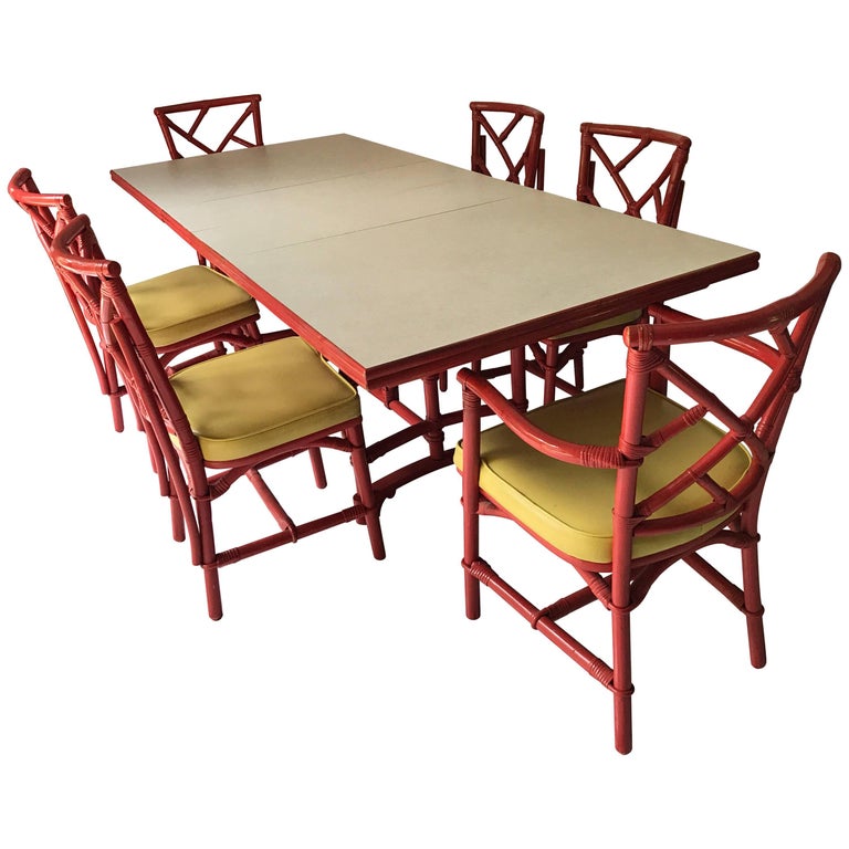 Mid Century Red Bamboo Chinese Chippendale Dining Set, Table and Six ...