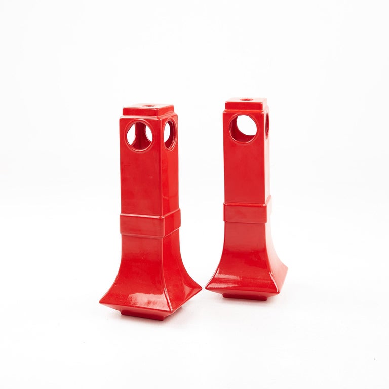 Mid-Century Red Ceramic Pottery Stands, a Pair For Sale at 1stDibs