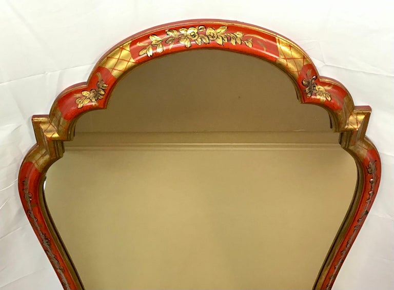 Mid Century Red Lacquer and Chinoiserie Framed Bevel Edge Mirror at 1stDibs