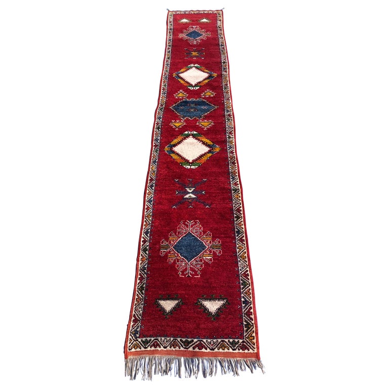 Vintage Moroccan Tribal Rug or Runner Vibrant Red and Accentuating Blue ...