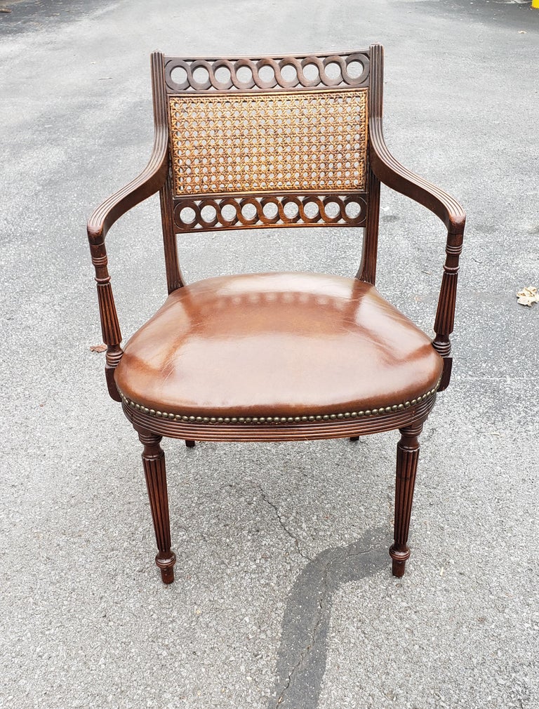 Mid-Century Regency Mahogany Leather Seat with Cane Back Armchair For ...