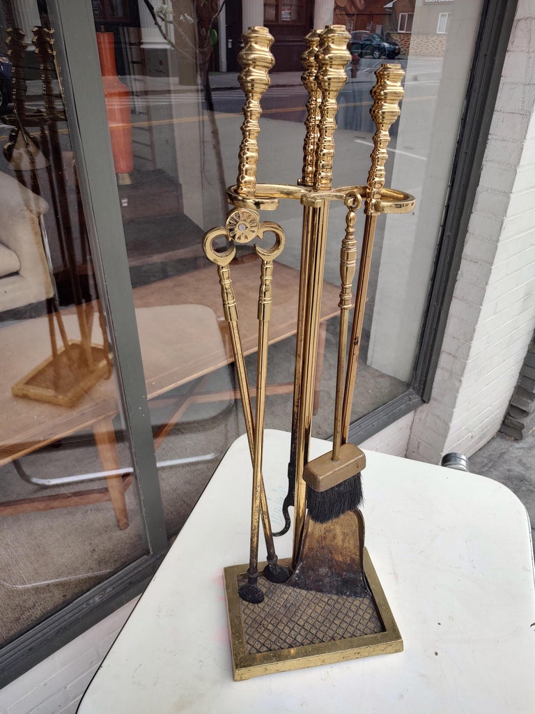 Mid Century Regency Styled Brass Fireplace Tools with Holder For Sale ...