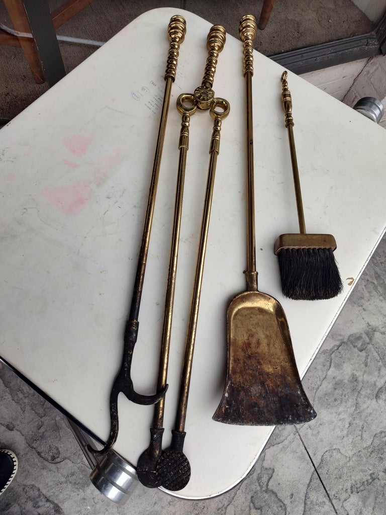 Mid Century Regency Styled Brass Fireplace Tools with Holder For Sale ...