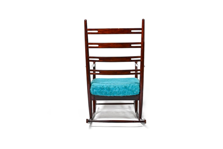 Midcentury Rocking Chair, Bright Blue Colour Fabric For Sale at 1stDibs