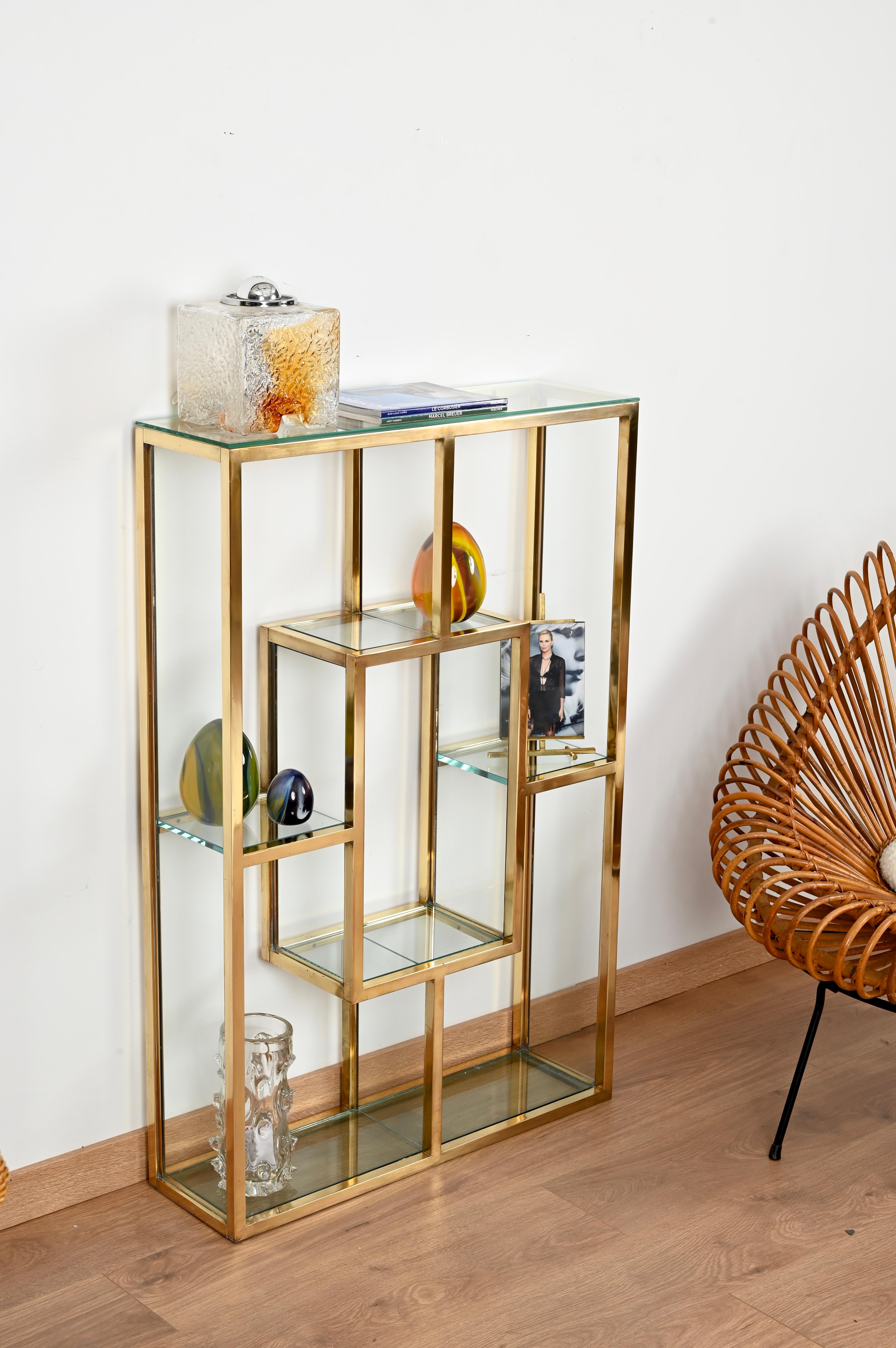 Mid-Century Romeo Rega Brass and Crystal Glass Italian Showcase Vitrine ...