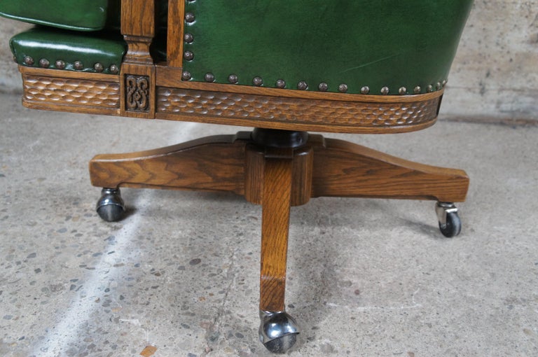 Midcentury Romweber Viking Oak Carved Green Leather Executive Office ...