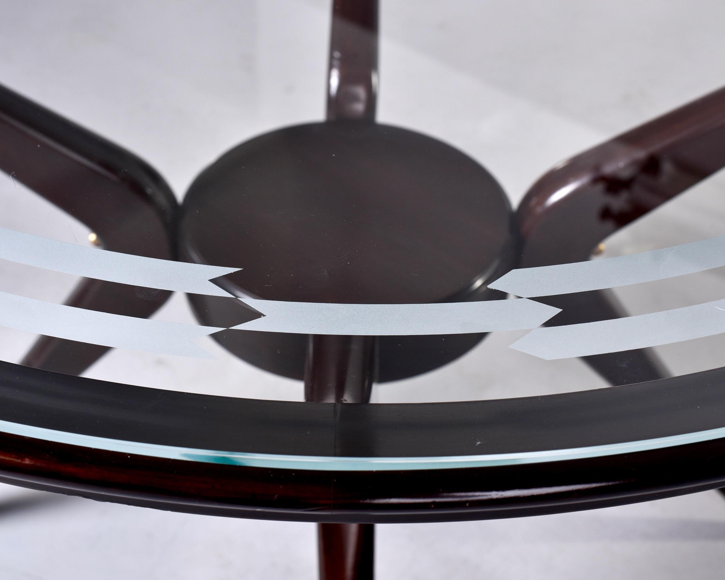 Mid-Century Round Wood Frame Table with Etched Glass Top and Brass ...