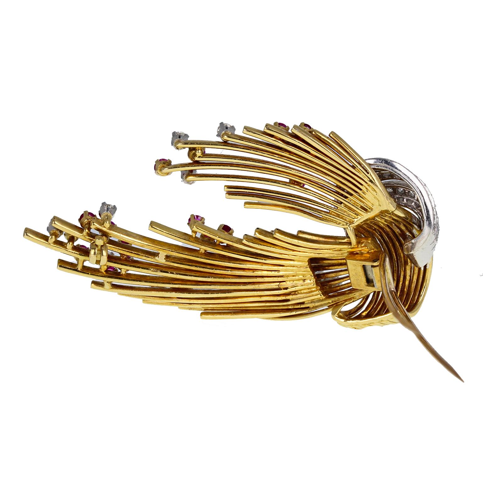 Midcentury Ruby Diamond 18 Carat Gold Spray Brooch by Kutchinsky ...