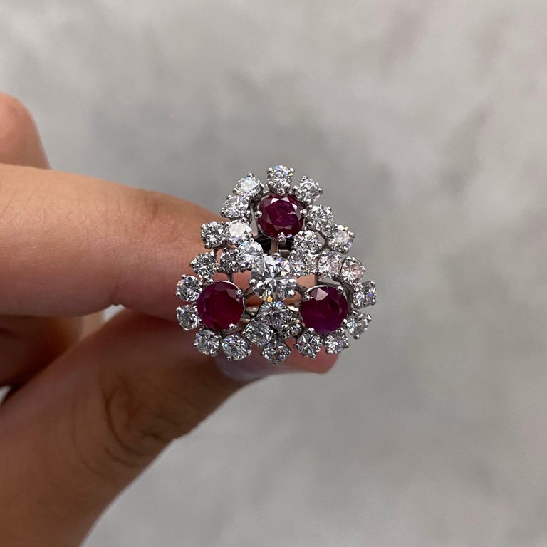 Mid-Century Ruby Diamond Trefoil Cluster Clip-On Earrings Platinum ...