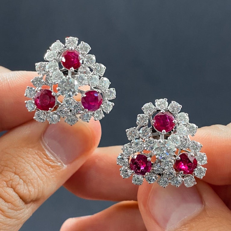 Mid-Century Ruby Diamond Trefoil Cluster Clip-On Earrings Platinum ...