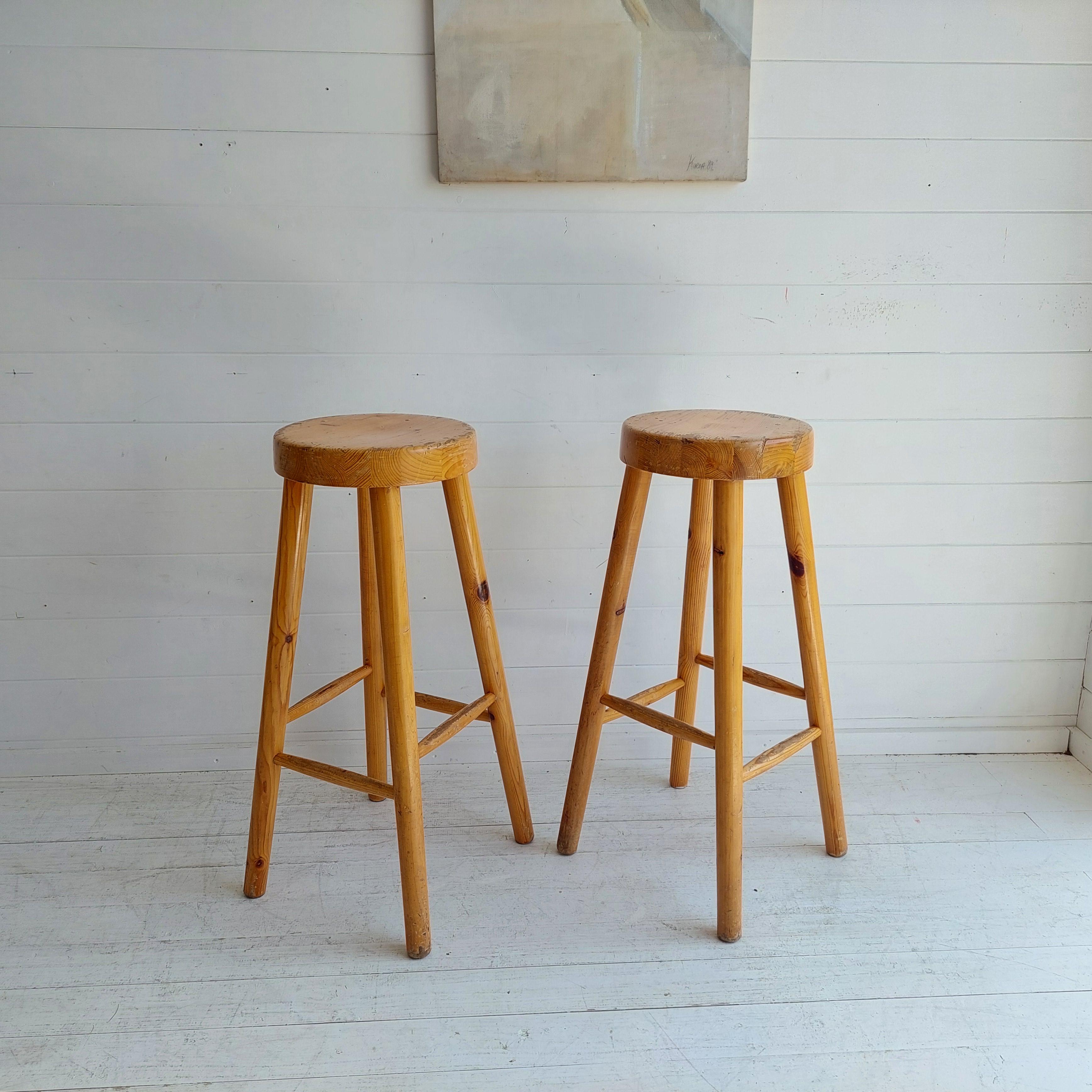 Mid Century Rustic Pine Bar High Stools, Set Of 2 Charlotte Perriand ...