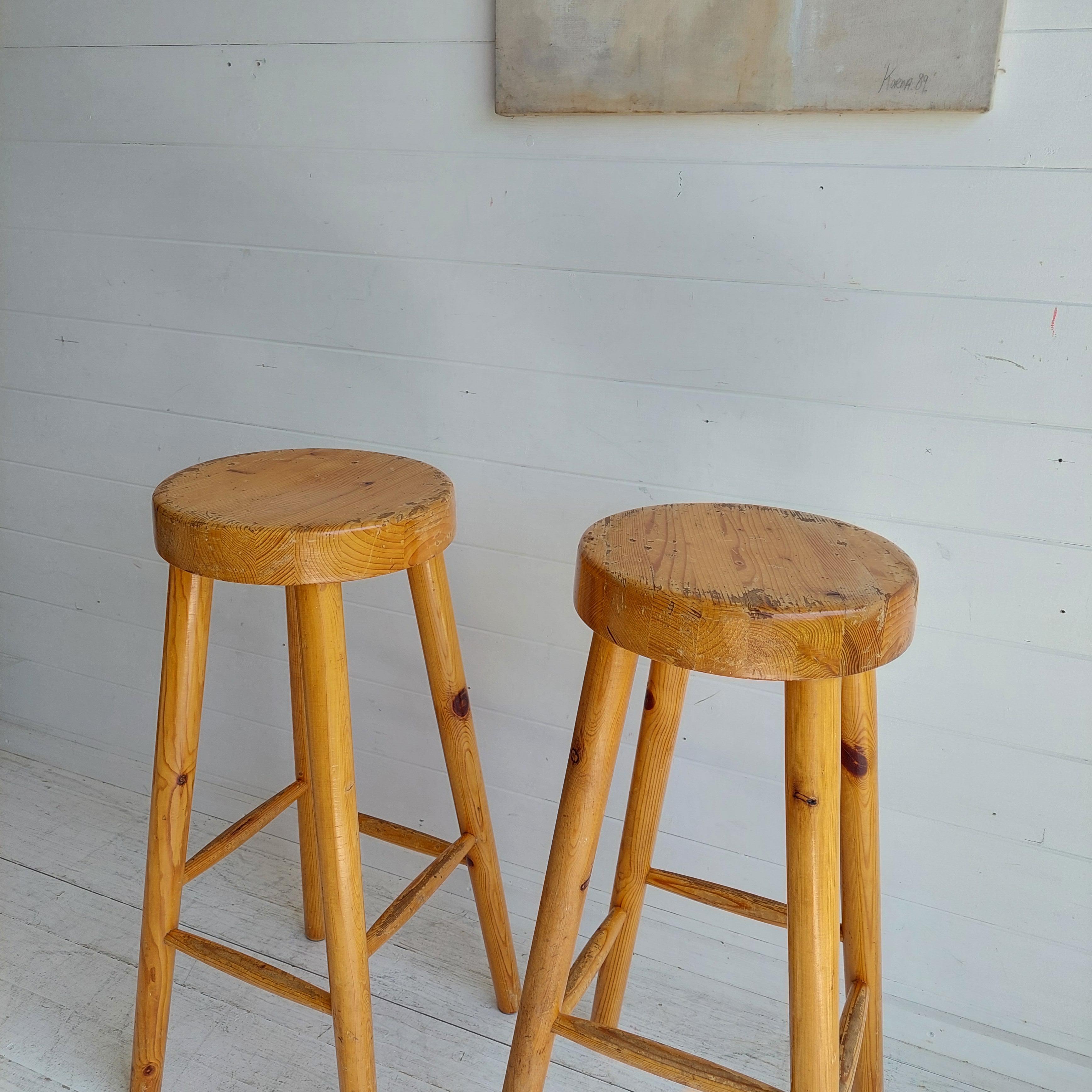 Mid Century Rustic Pine Bar High Stools, Set Of 2 Charlotte Perriand ...