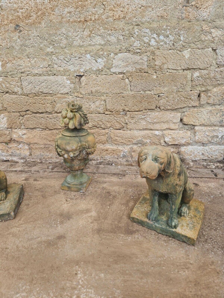 Antique Garden Statue, Mid Century Stone Pair of Dogs and Vase For Sale ...
