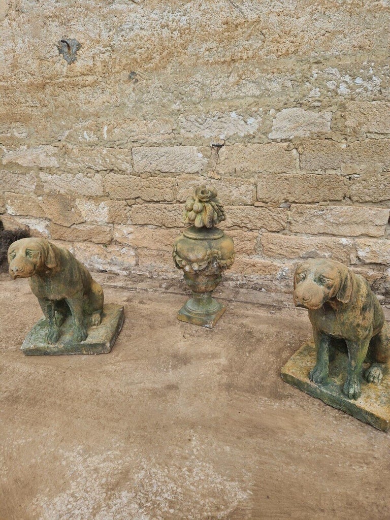 Antique Garden Statue, Mid Century Stone Pair of Dogs and Vase For Sale ...