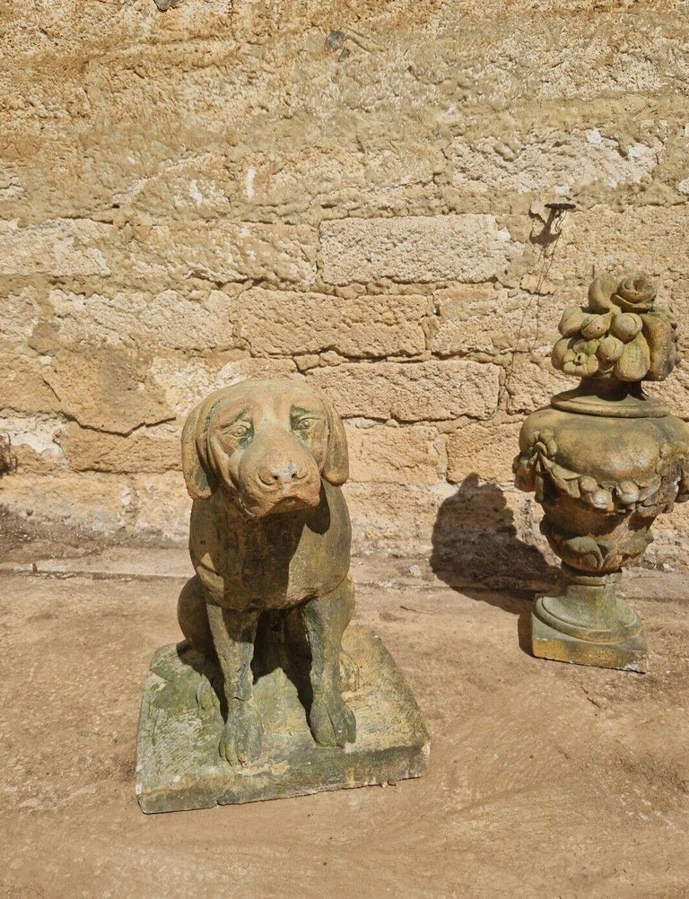 Antique Garden Statue, Mid Century Stone Pair of Dogs and Vase For Sale ...