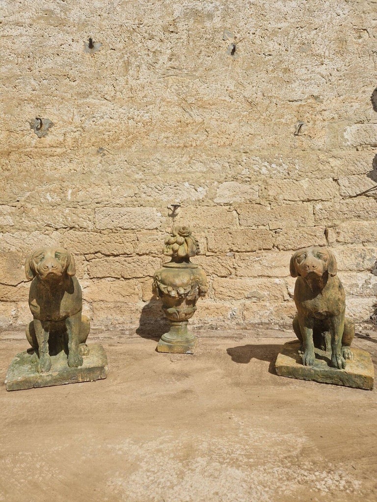 Antique Garden Statue, Mid Century Stone Pair of Dogs and Vase For Sale ...