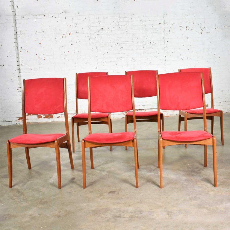 Midcentury Scandinavian Modern Set of 6 Teak Dining Chairs with Red ...