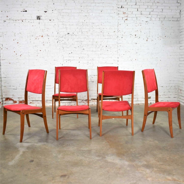 Midcentury Scandinavian Modern Set of 6 Teak Dining Chairs with Red ...