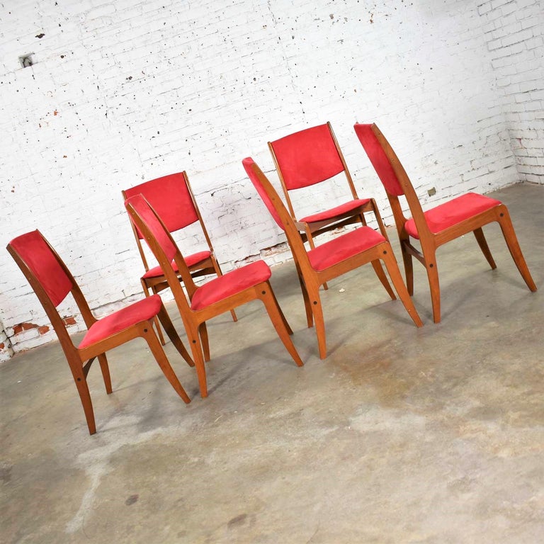 Midcentury Scandinavian Modern Set of 6 Teak Dining Chairs with Red ...