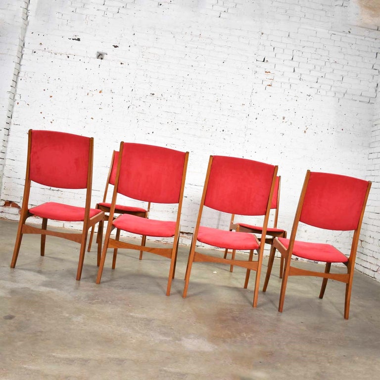 Midcentury Scandinavian Modern Set of 6 Teak Dining Chairs with Red ...