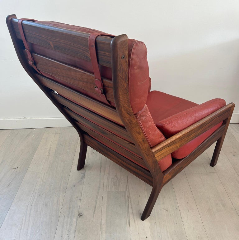 Midcentury Scandinavian Modern Solid Rosewood Red Leather Lounge Chair ...