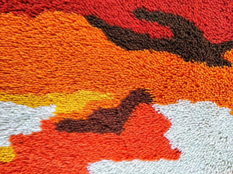 Mid Century Scandinavian Rya Rug in Orange, Yellow, Red and White ...