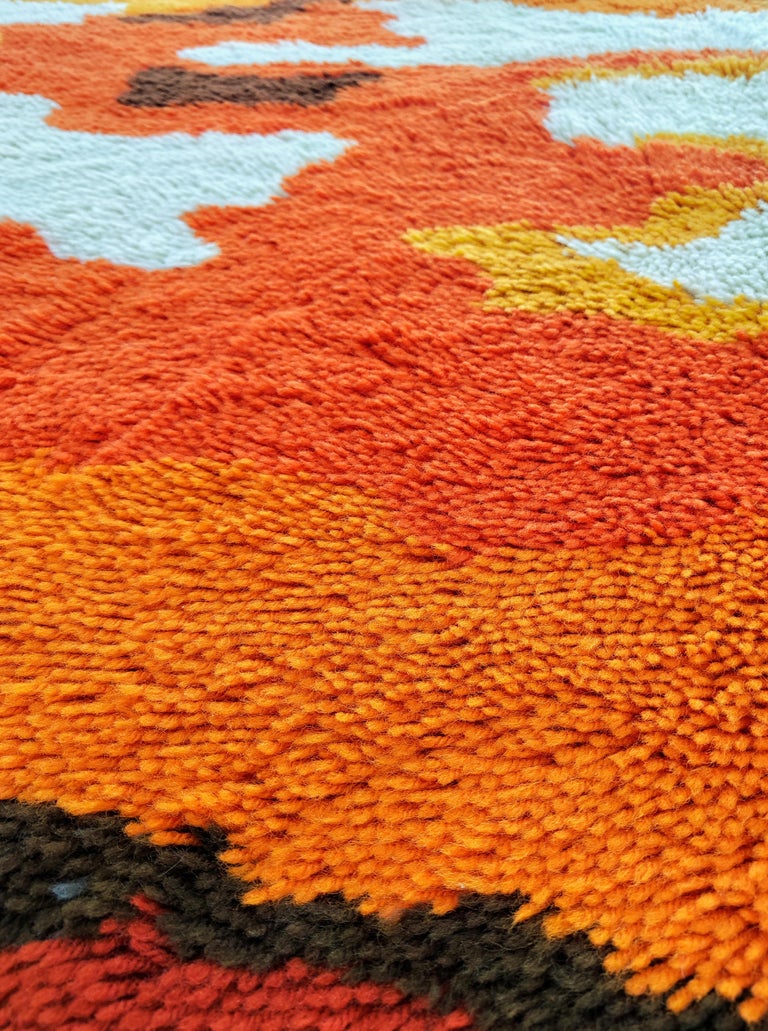 Mid Century Scandinavian Rya Rug in Orange, Yellow, Red and White ...