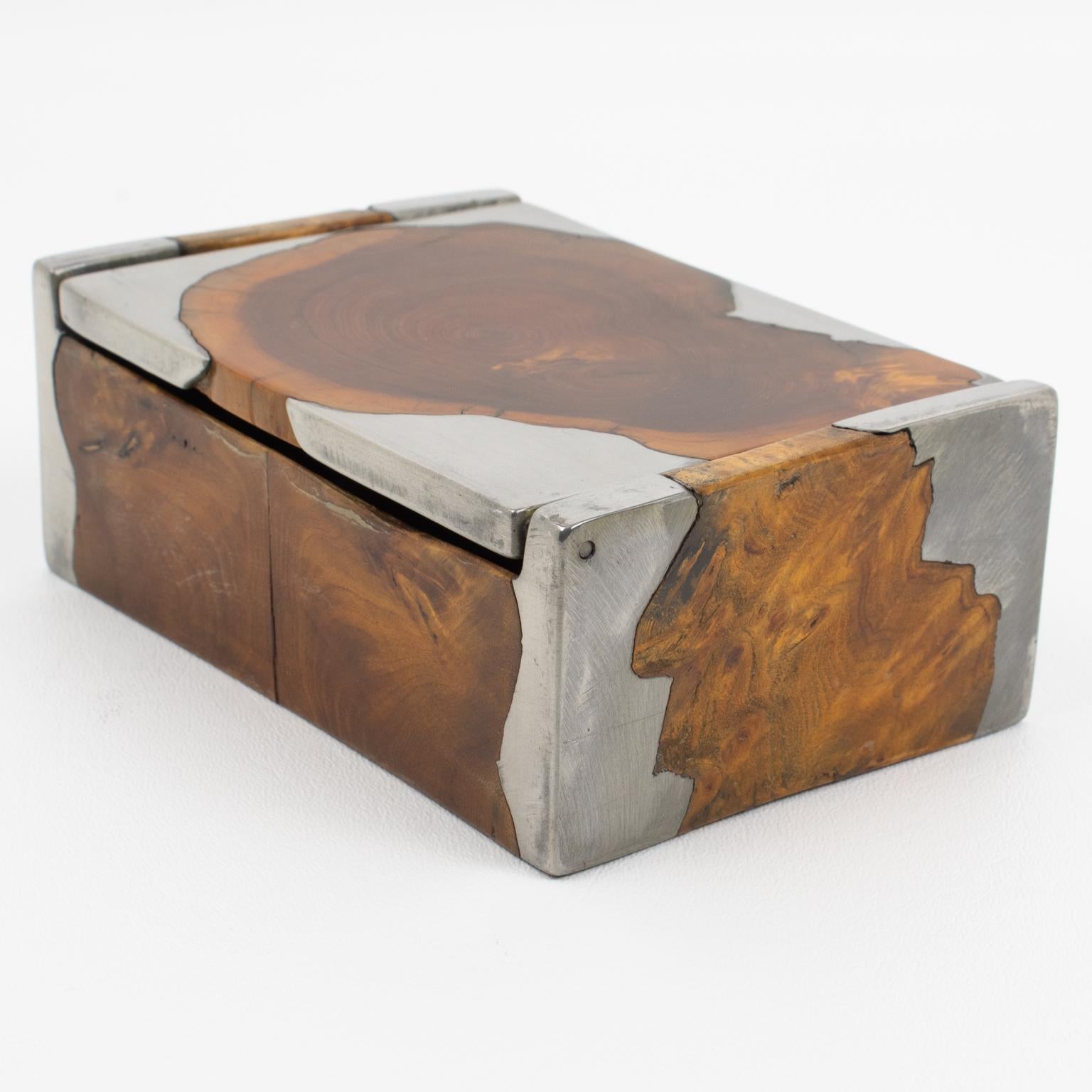Mid-Century Sculptural Brutalist Pewter and Burl Wood Decorative Box ...
