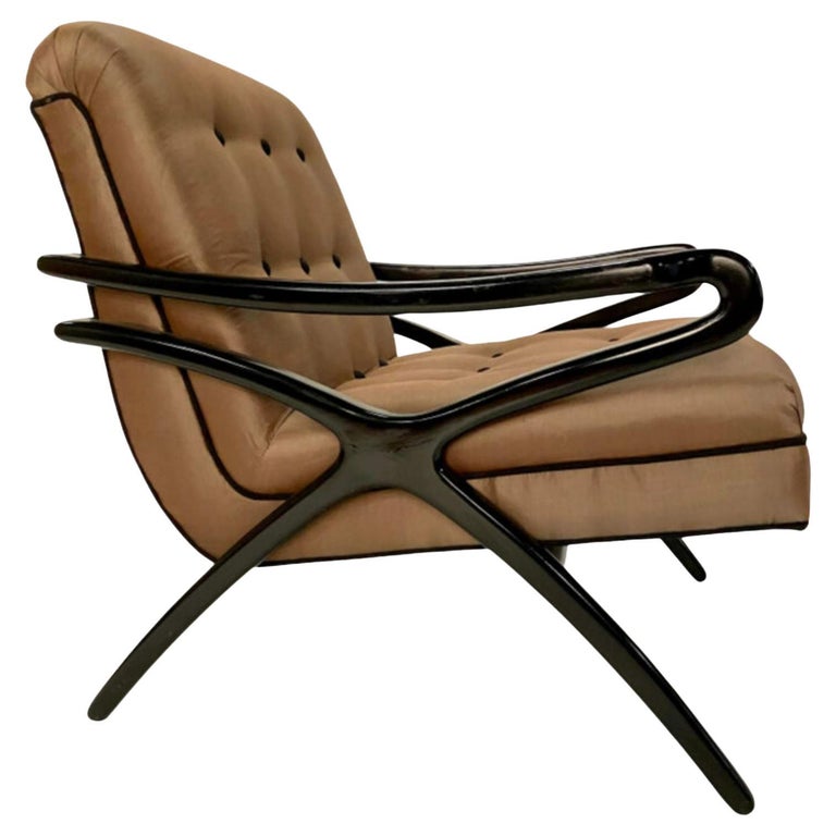 Mid-Century Sculptural Lounge Chair in Silk Taupe Fabric and Wood Frame ...