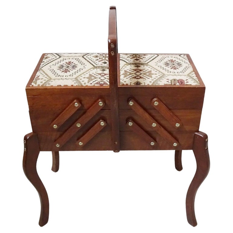 Mid Century Sewing Box Table with Tapistry, Boho Style For Sale at 1stDibs