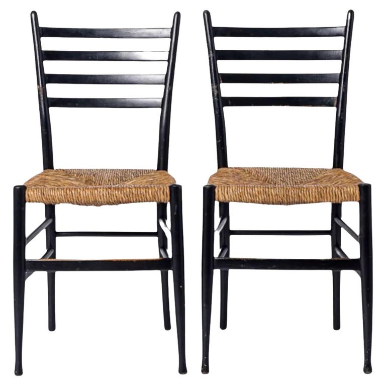 Midcentury Side Chairs in Black Wood with Rush Seat in the Style of Gio ...