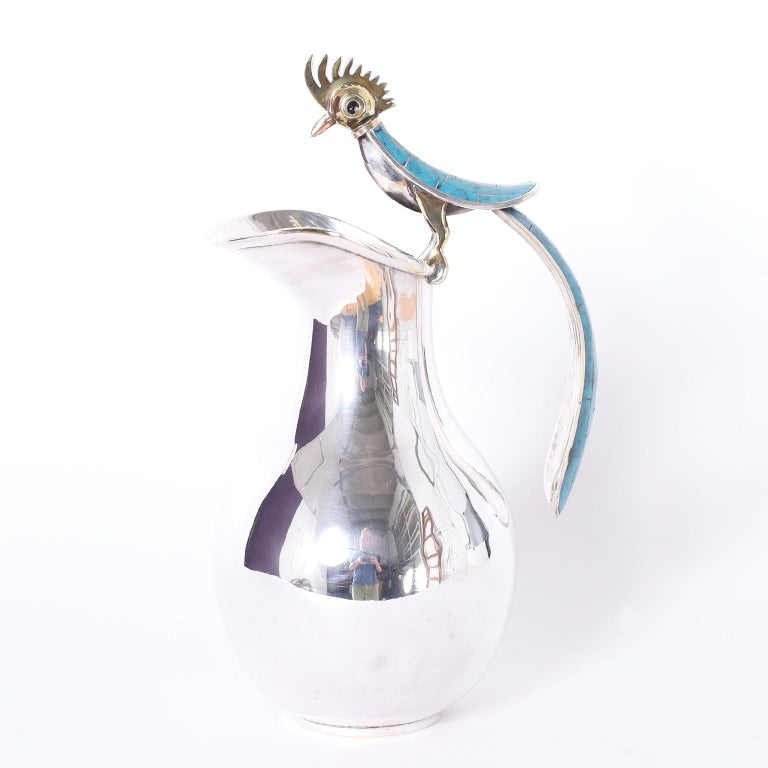 Mid-Century Silver Plate on Copper Pitcher with Bird Handle by Los ...