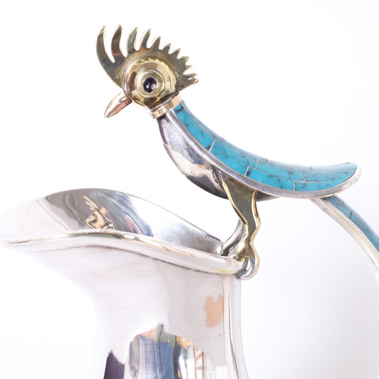 Mid-Century Silver Plate on Copper Pitcher with Bird Handle by Los ...