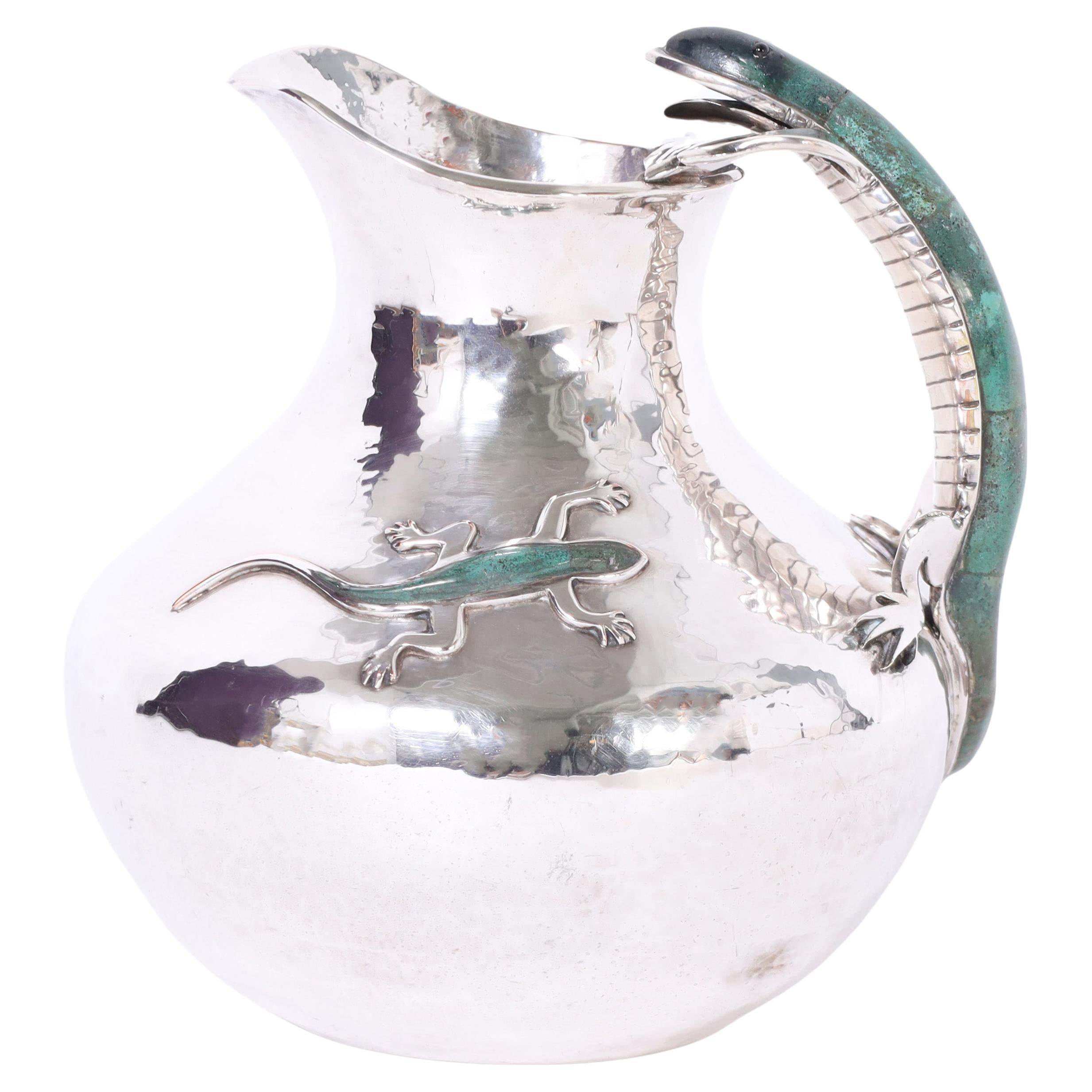 Mid-Century Silver Plate Pitcher with Lizards at 1stDibs