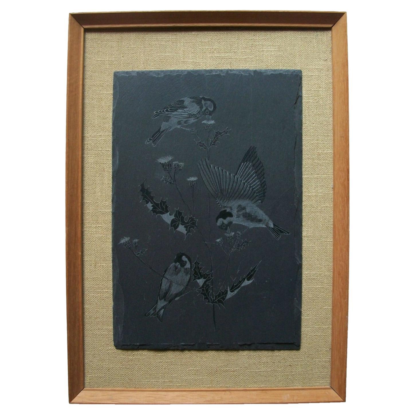Midcentury Slate Carving - 'Goldfinches on Thistles' - Framed - circa ...