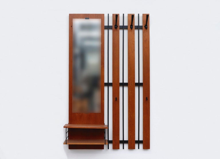 Mid-Century Slatted Entry Coat Rack with Mirror and Shelf at 1stDibs