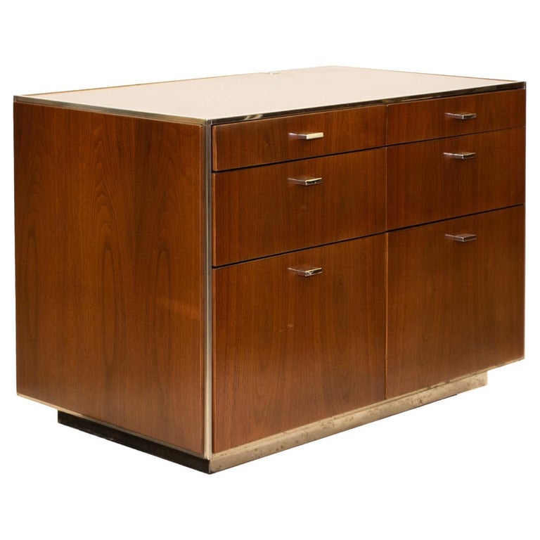 Midcentury Small Walnut Credenza with Chrome Details For Sale at 1stDibs