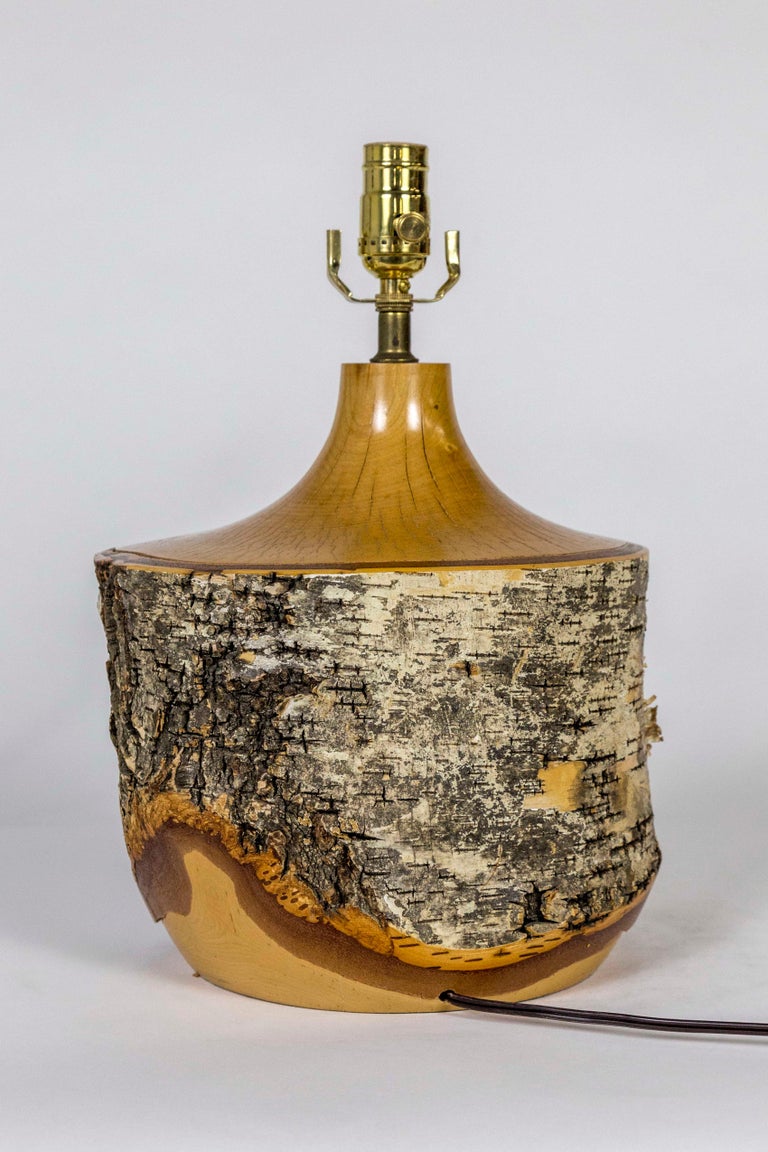 Midcentury Solid Birch Tree Bark Table Lamp with Finial at 1stDibs