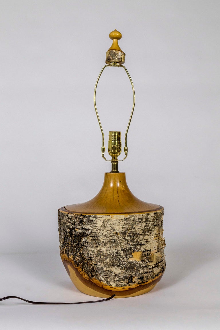 Midcentury Solid Birch Tree Bark Table Lamp with Finial at 1stDibs