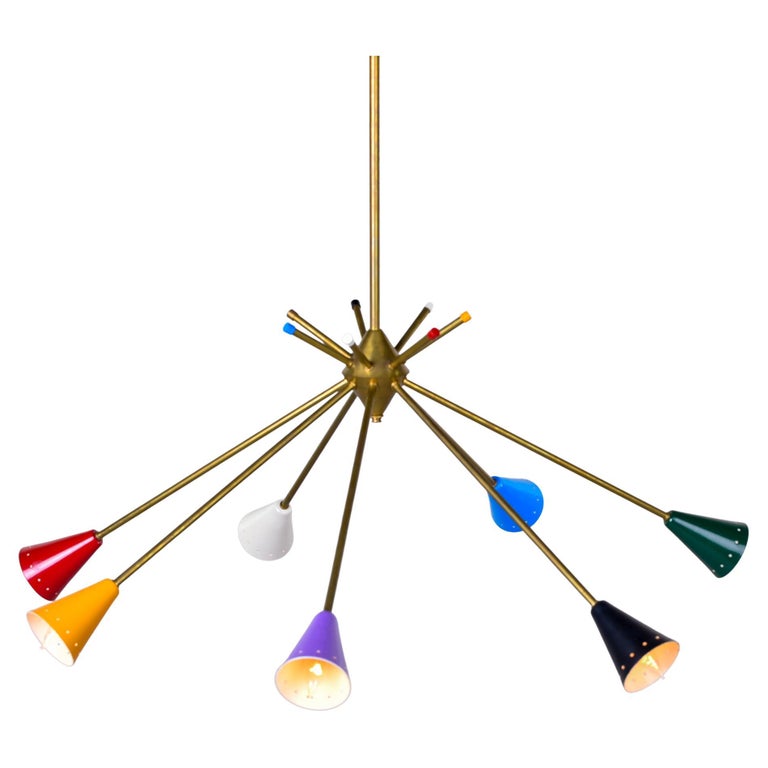 Mid Century Stilnovo Brass Seven Arm Fixture with Multi Color Shades ...