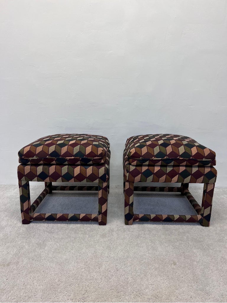 Mid-Century Stools with Tumbling Block Pattern Fabric and Down Cushions ...