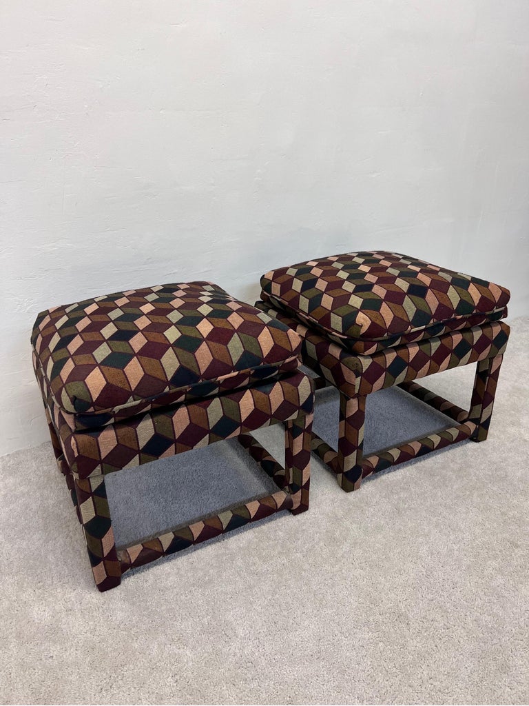 Mid-Century Stools with Tumbling Block Pattern Fabric and Down Cushions ...