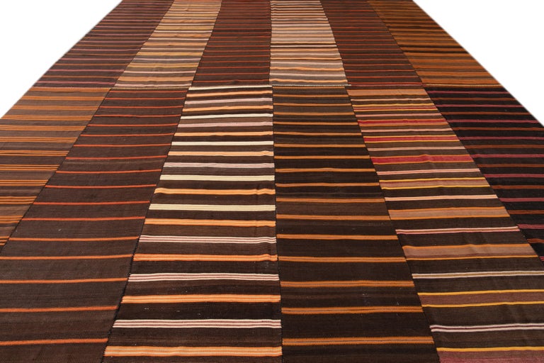 Midcentury Striped Flat-Weave Handmade Brown Wool Rug For Sale at 1stDibs
