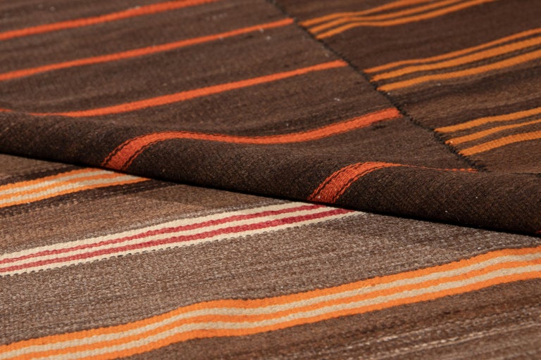 Midcentury Striped Flat-Weave Handmade Brown Wool Rug For Sale at 1stDibs