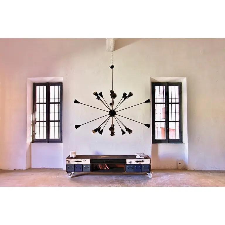Mid Century, Style 16 Arms Brass Sputnik Chandelier with Black Shades ...
