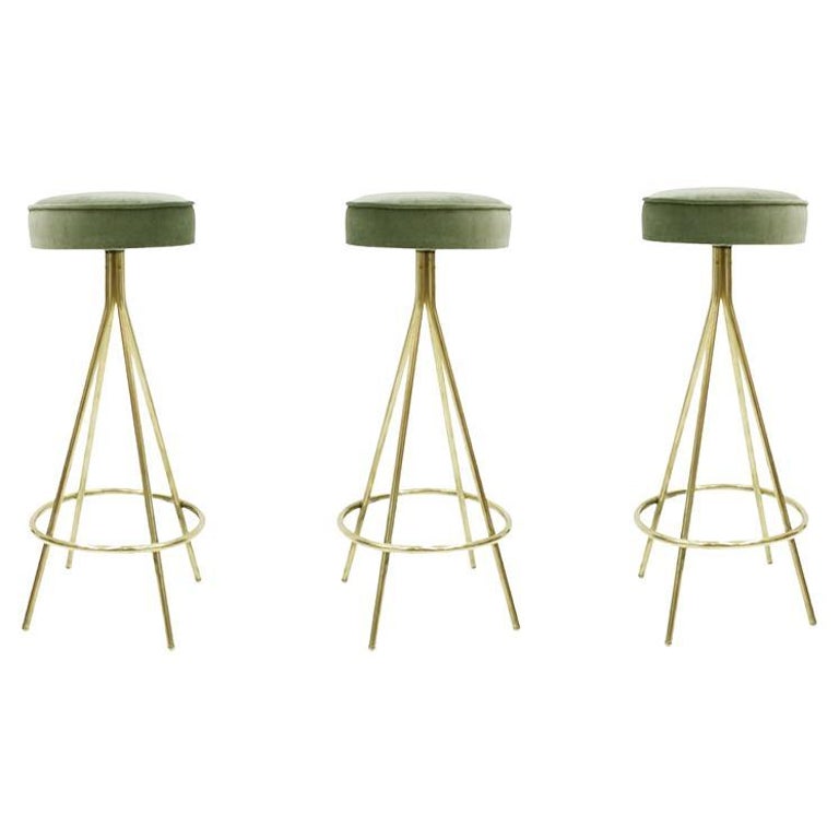 Mid-Century Style Circular Brass and Cotton Velvet Italian Bar Stools ...