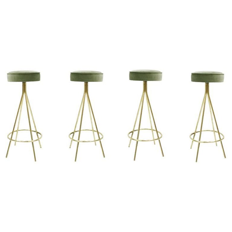 Midcentury Style Circular Brass and Cotton Velvet Italian Bar Stools ...