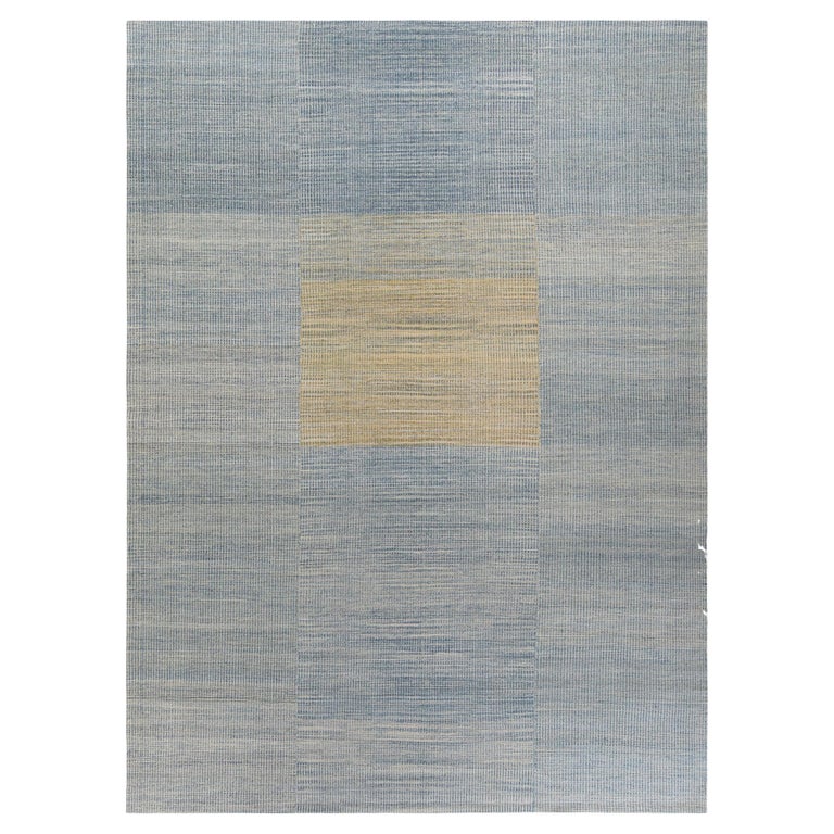 Mid-Century Style Modern Minimalist Flatweave Wool Rug in Blue and ...