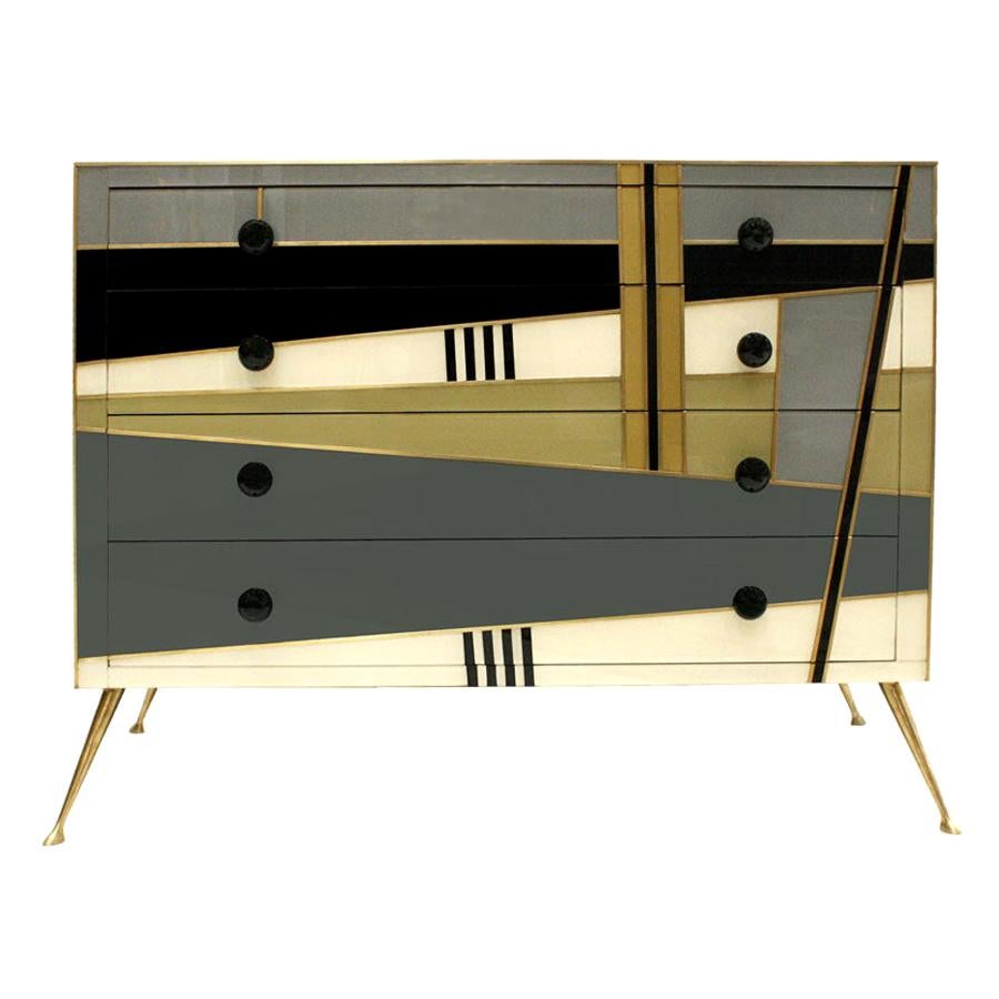 Mid-Century Modern Style Murano Colored Glass and Brass Italian Commode ...