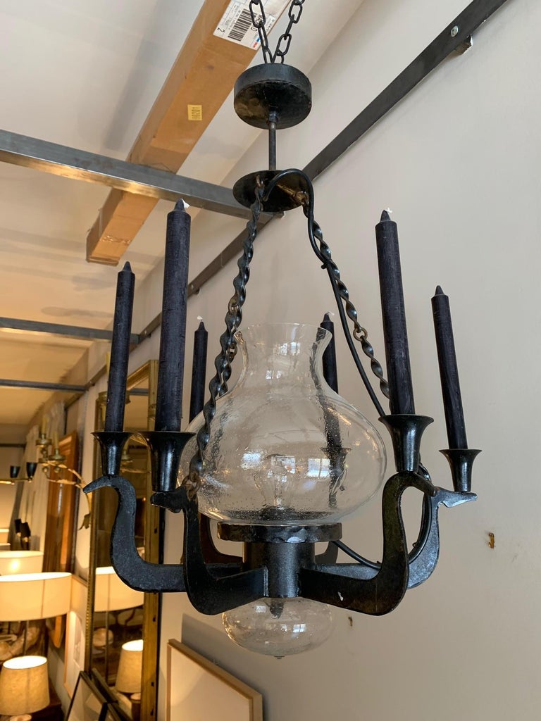 Mid Century Swedish Ceiling Lamp in Iron and Glass For Sale at 1stDibs